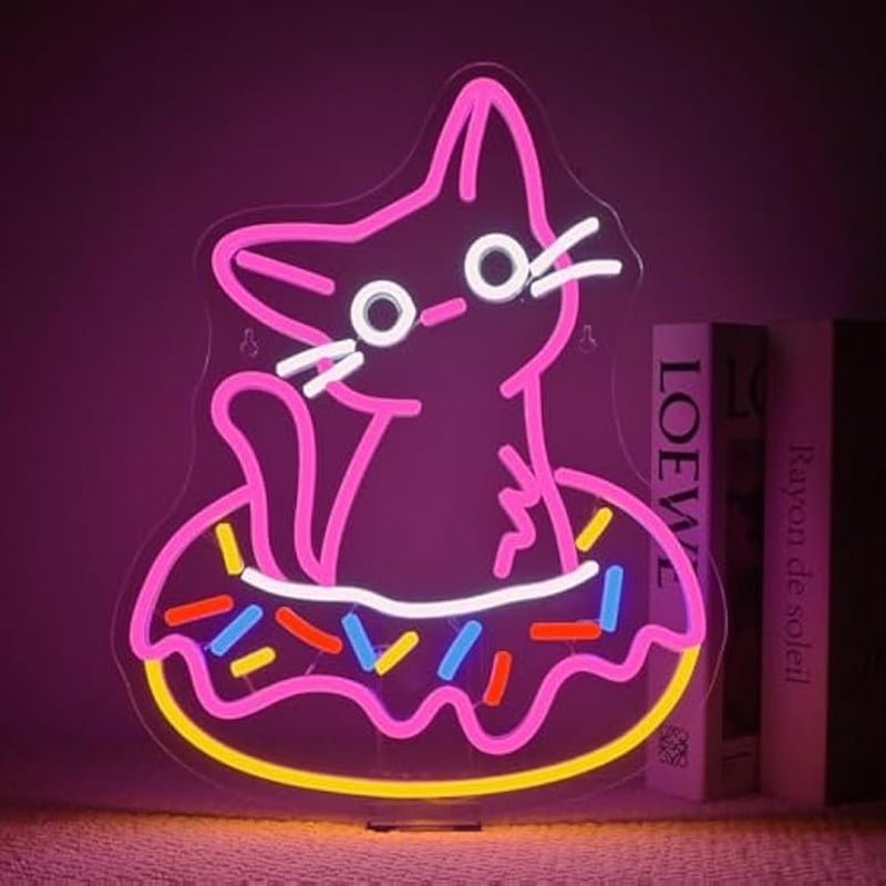 CADODIS Pink Cat Donut Neon Sign LED Light Wall Decor Bedroom Bar Cafe ...