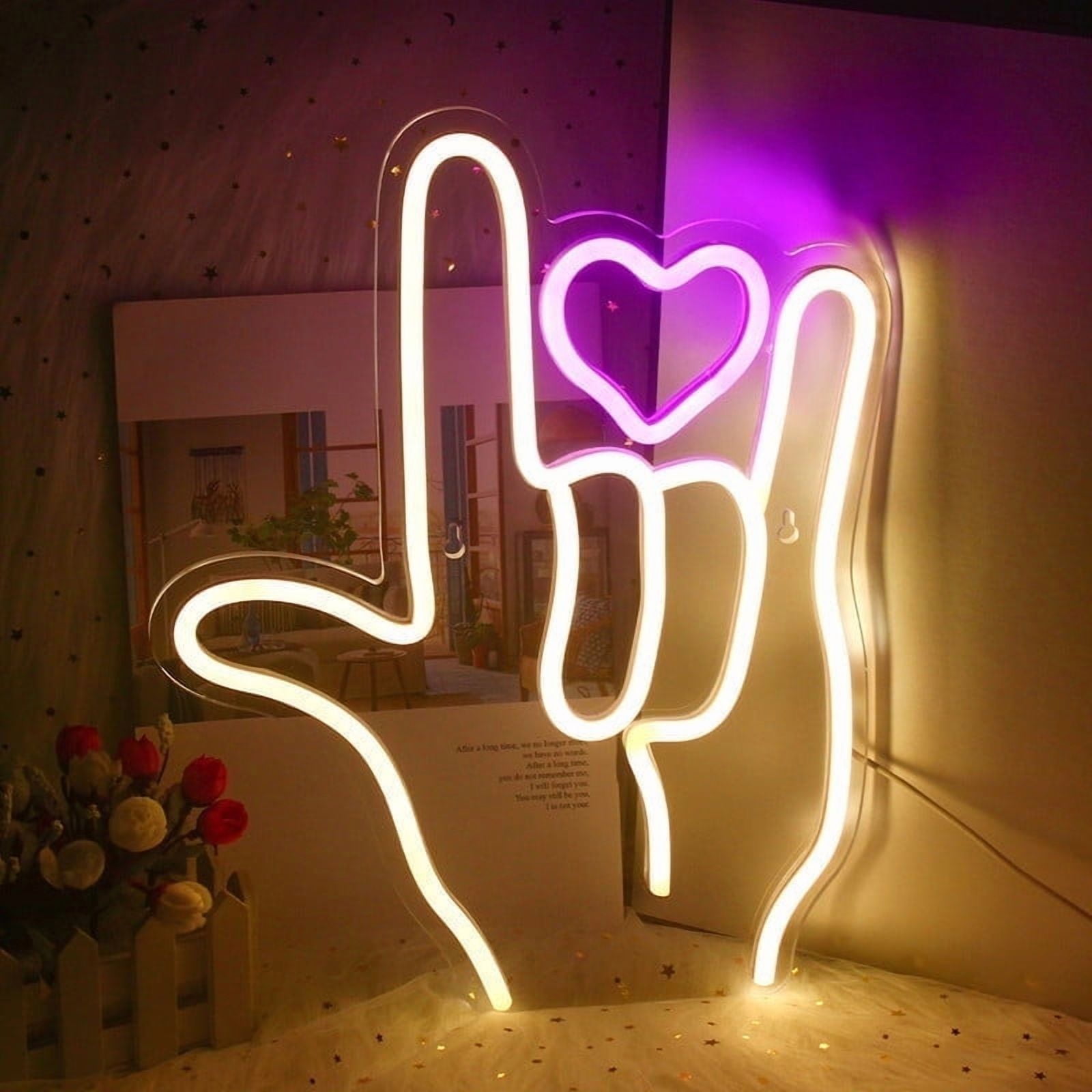 CADODIS Rock Hand Gesture Heart Neon Sign LED Light Wall Decor USB ...