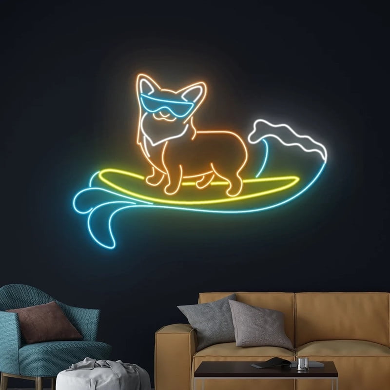 CADODIS Surfing Corgi Neon Sign LED Light Summer Beach Wall Decor Cafe ...