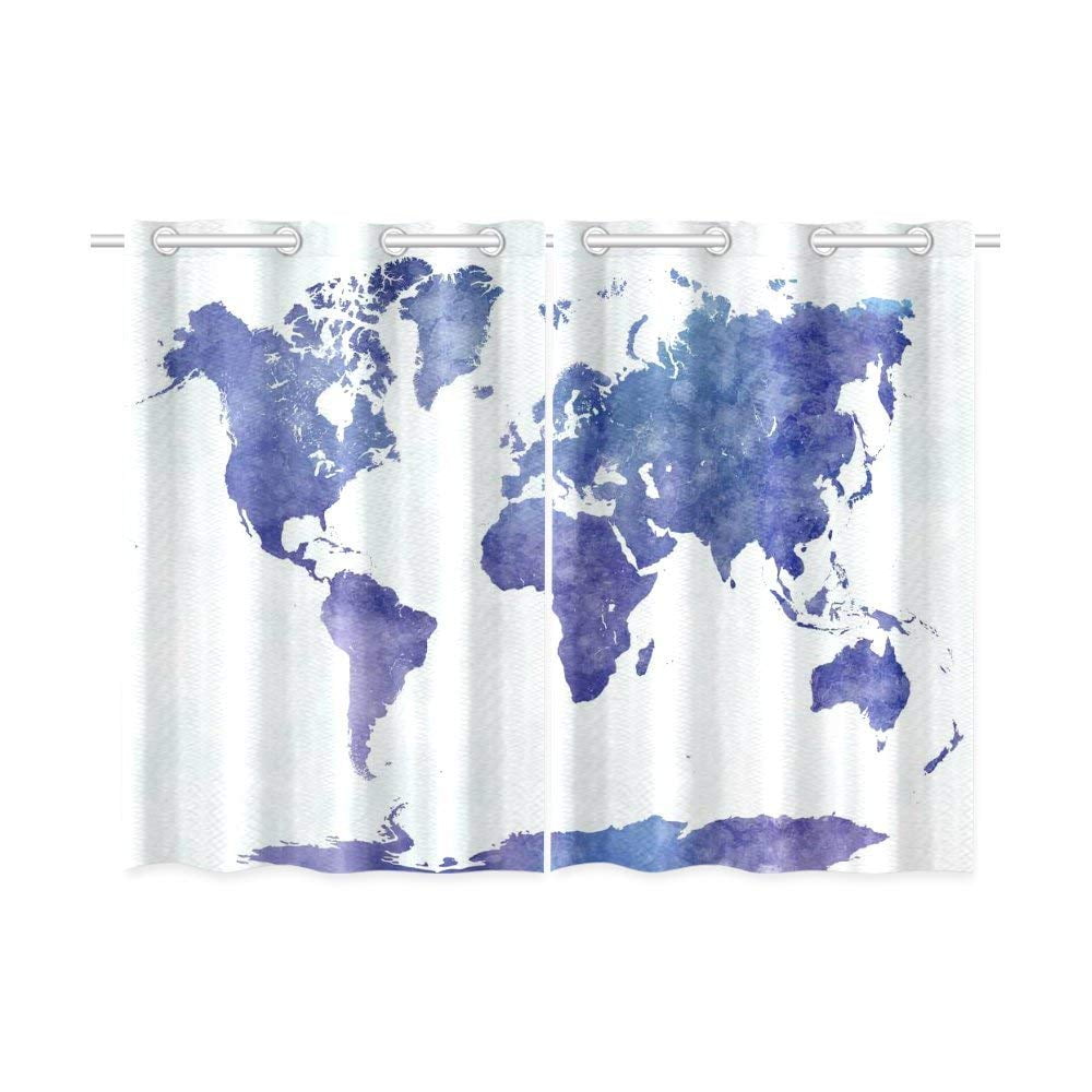 CADecor Globe Art Window Kitchen Curtain, Blue Watercolor World Map ...