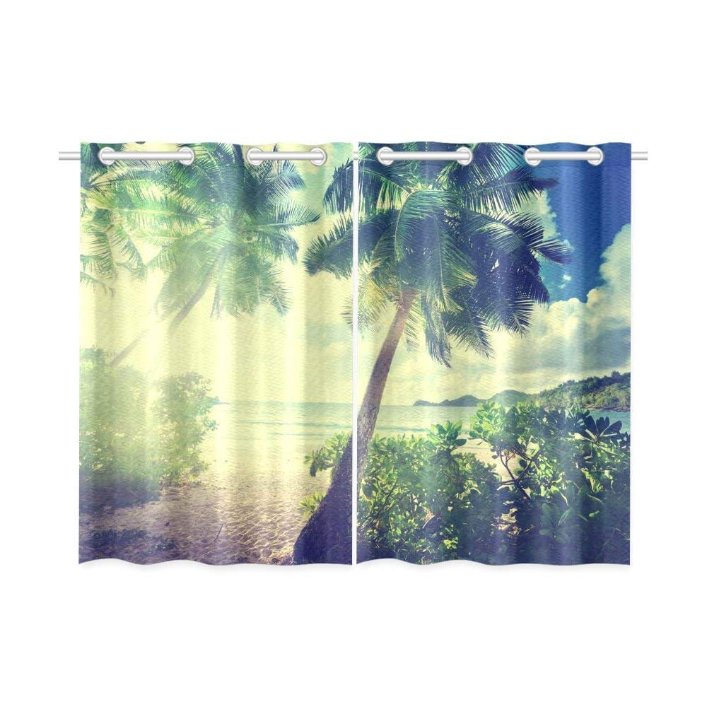 CADecor Sea Theme Window Kitchen Curtain, Tropical Sunset Beach Palm ...