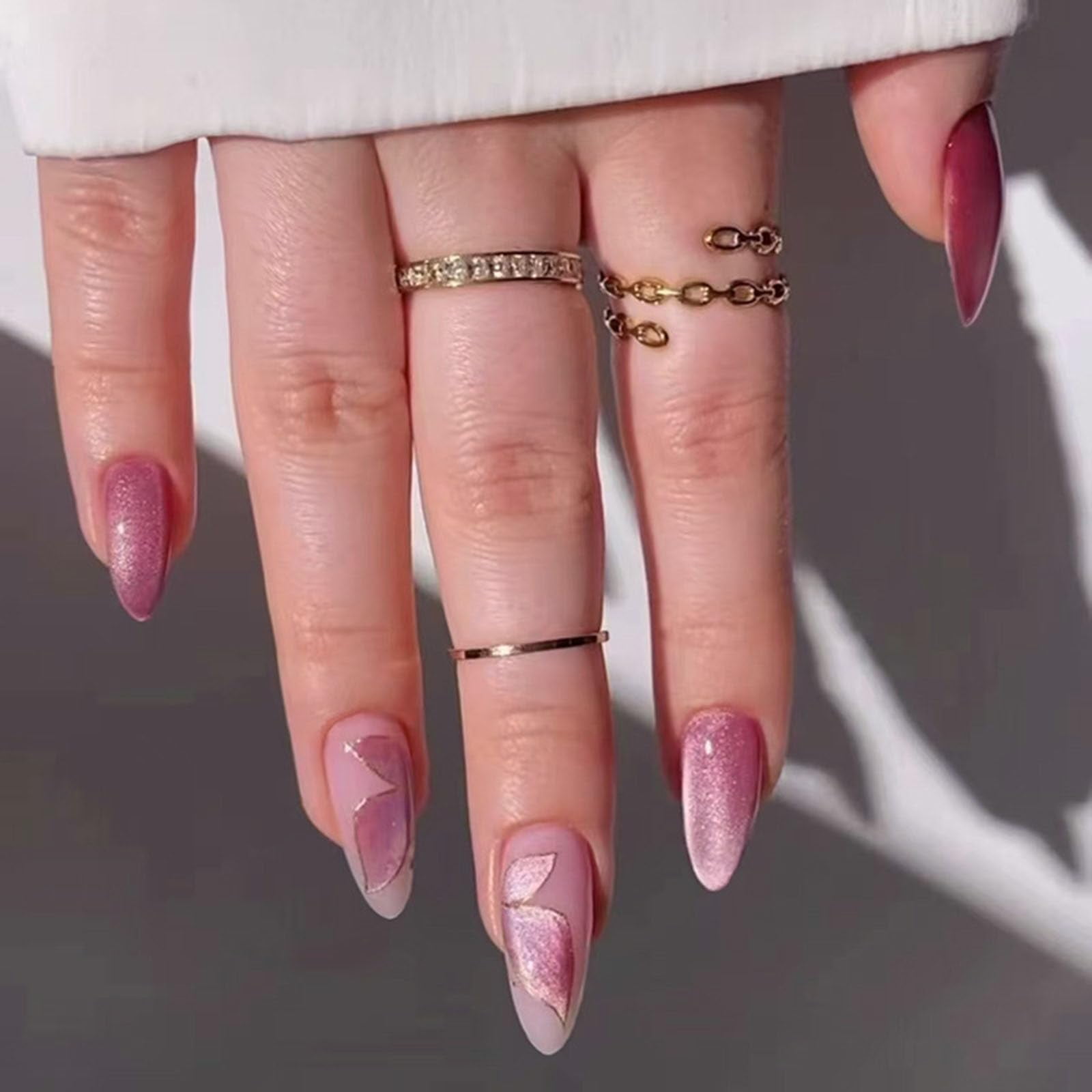 CAEEA Almond Press on TMA2 Nails Medium Cat's Eye Sparkle Pink ...