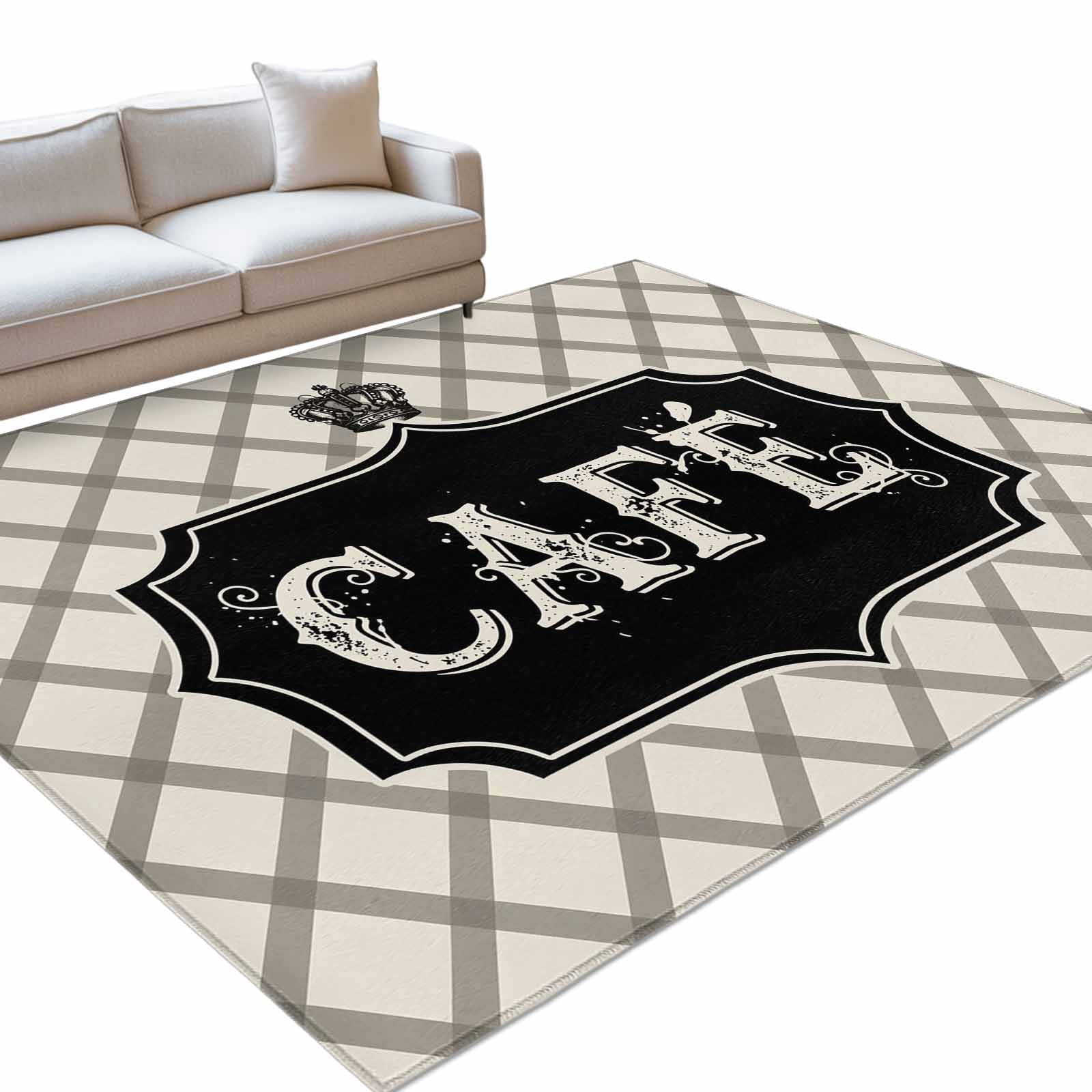 CAFE Area Rugs 8x10ft Luxury Crown Black Stripes Beige Plaid Casual ...