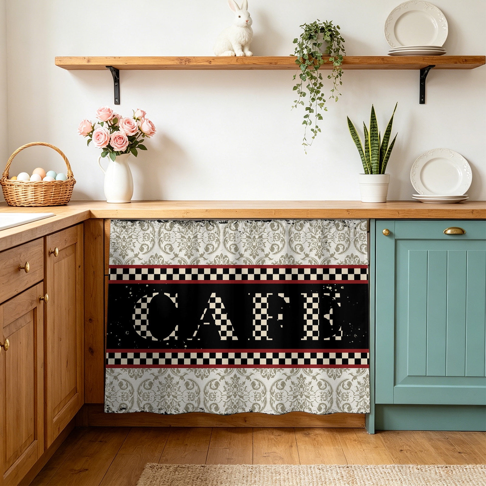 CAFE Cabinet Curtains 28" W x 35" L Traditional Ethic Flowers Black ...