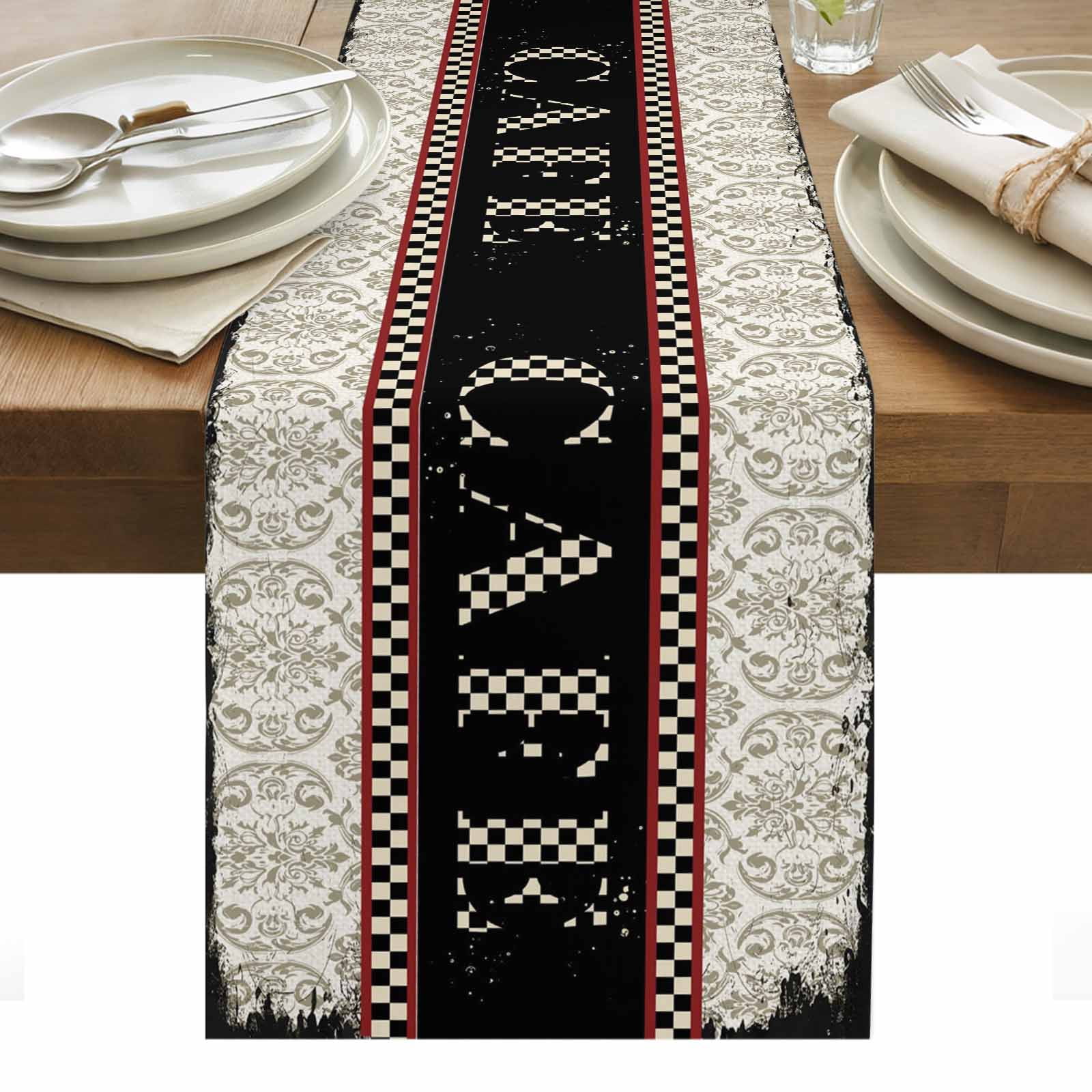 CAFE Cotton Linen Table Runner Traditional Ethic Flowers Black Plaids ...