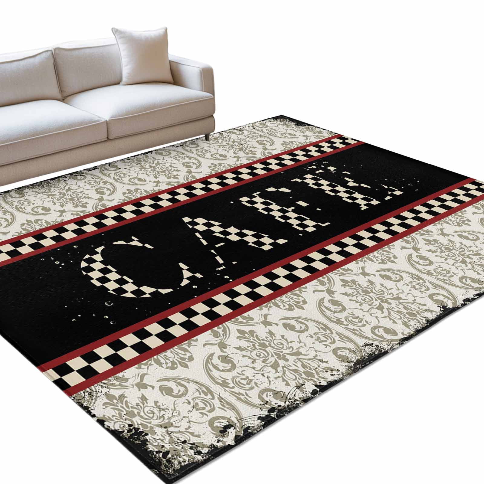 CAFE Large Area Rugs 6x9ft Traditional Ethic Flowers Black Plaids ...