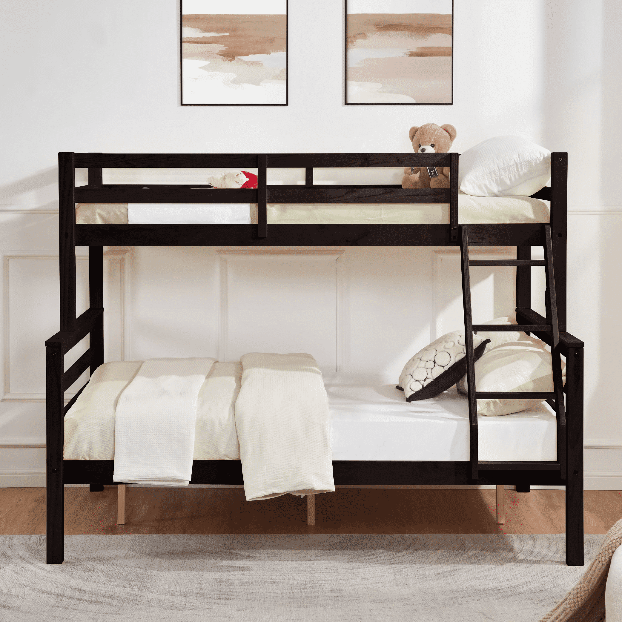 CAFORKP Twin Over Full Wooden Bunk Bed with Thick Posts, High Guardrail ...