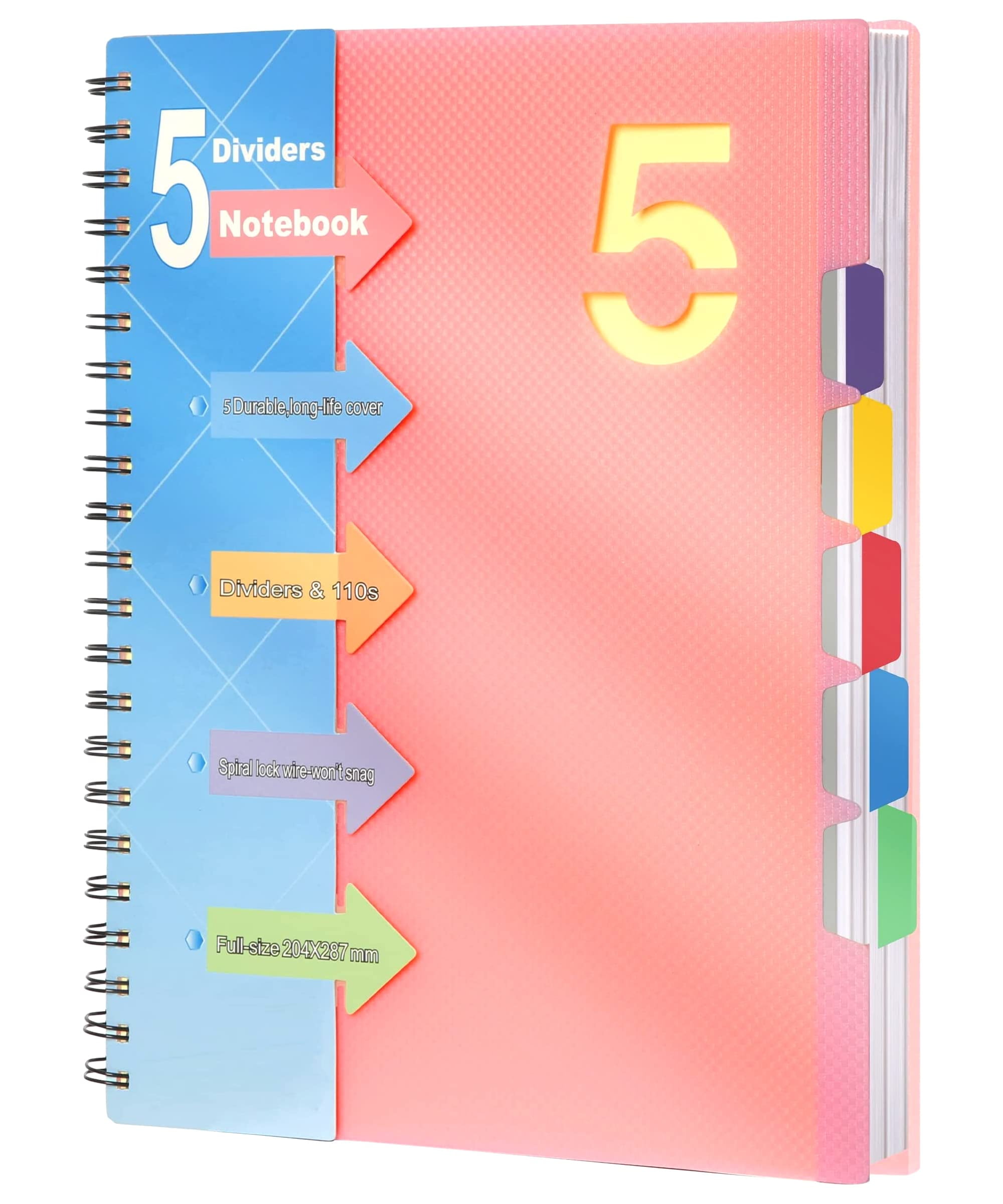 CAGIE Pink Spiral Notebook 8.5 x 11 with Dividers 220 Pages 5 Subject ...