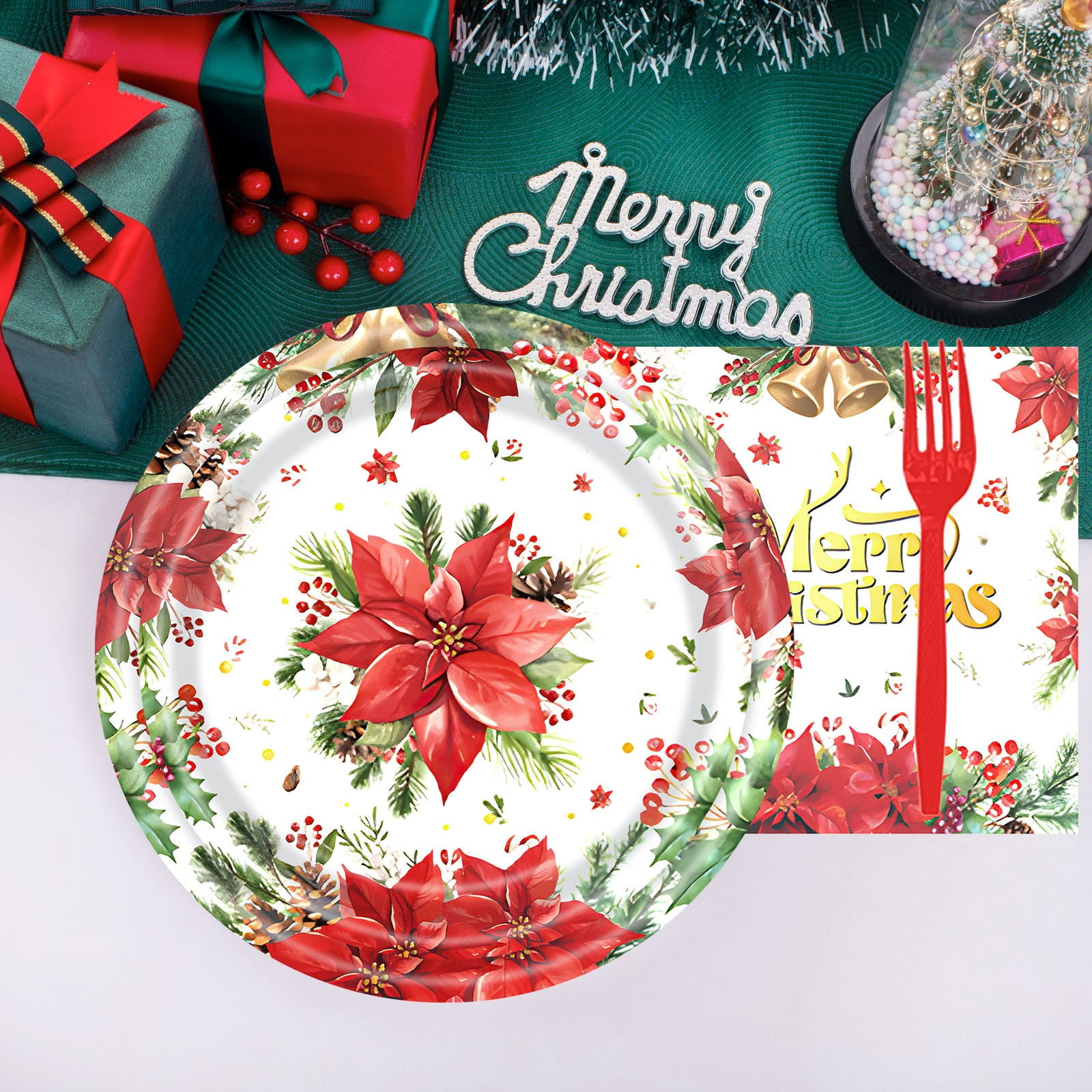 CAHQHLI 96 Pieces Merry Christmas Poinsettia Flower Tableware ...