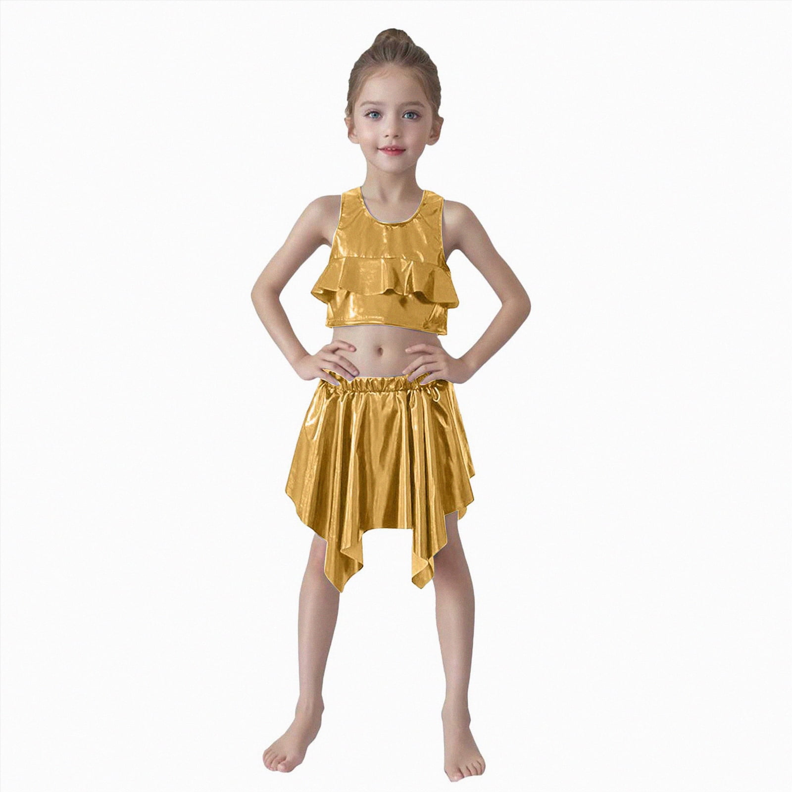 CAICJ98 2Pcs Girls Dance Set Metallic Crop Tops with Asymmetrical Skirt ...