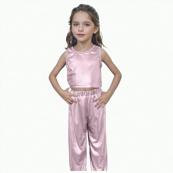CAICJ98 2Pcs Girls Dance Set Metallic Crop Tops with Pants Kids ...