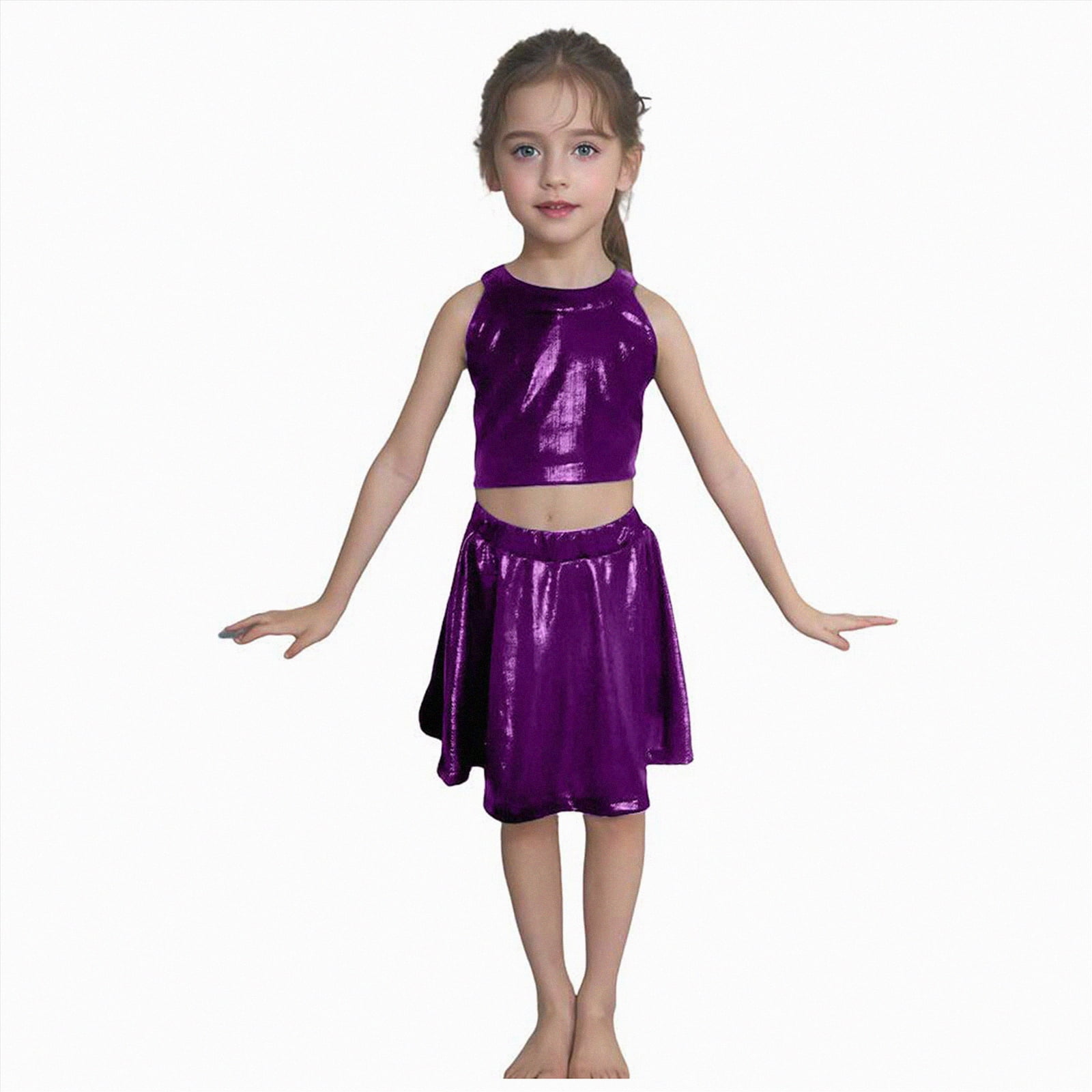 CAICJ98 2Pcs Girls Dance Set Metallic Crop Tops with Pleated Skirt Kids ...