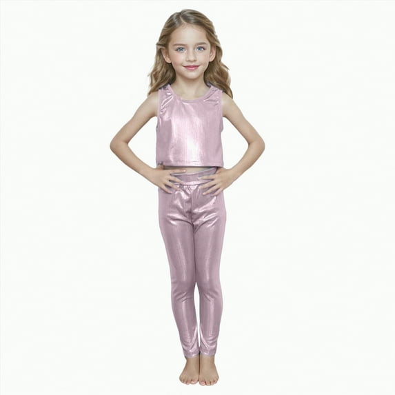 CAICJ98 2Pcs Kids Girls Shiny Metallic Sleeveless Crop Top with Pants ...