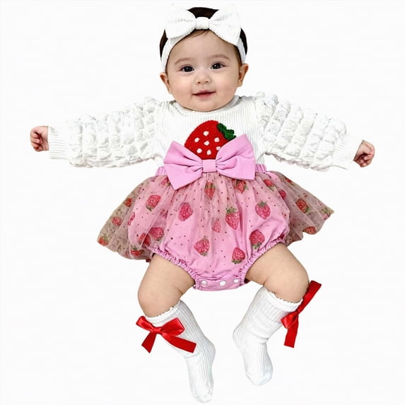 CAICJ98 Baby Girls Strawberry Outfit Smocked Long Sleeve Mesh Tutu ...