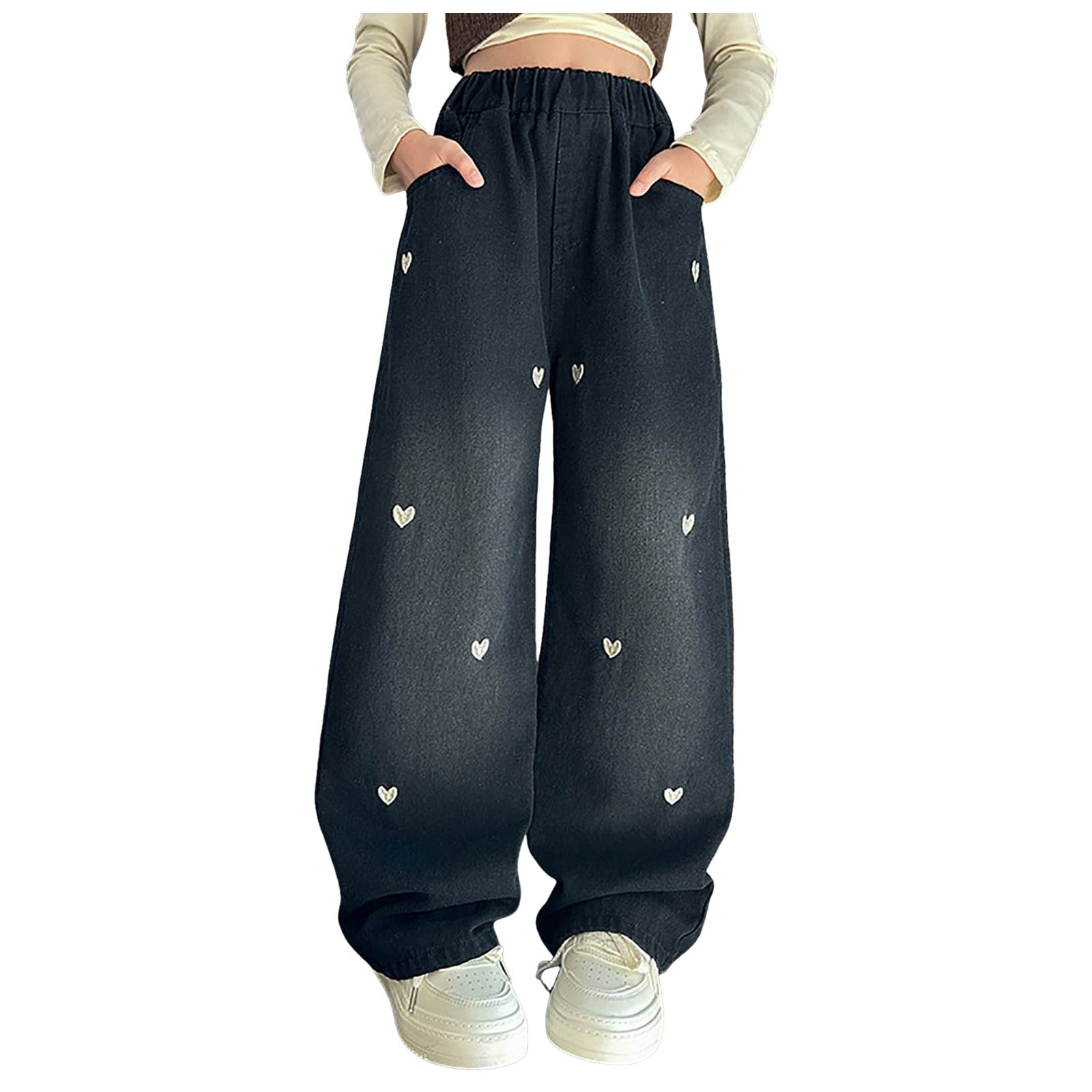 CAICJ98 Girls Baggy Jeans Elastic Waist Wide Leg Jeans Girls Denim ...