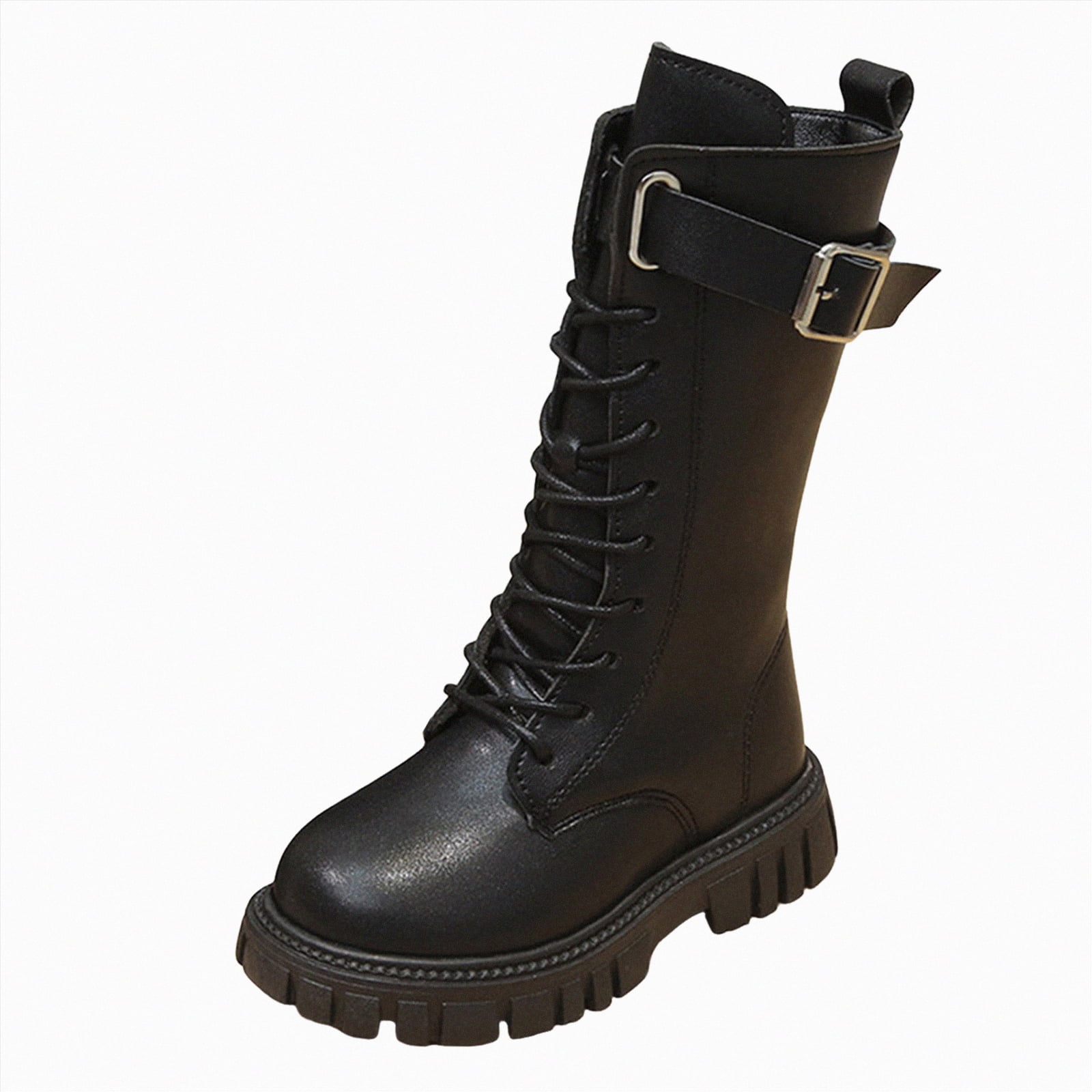 CAICJ98 Girls Fashion Boots Lace Up Fall Kid Mid Calf Combat Shoes PU ...