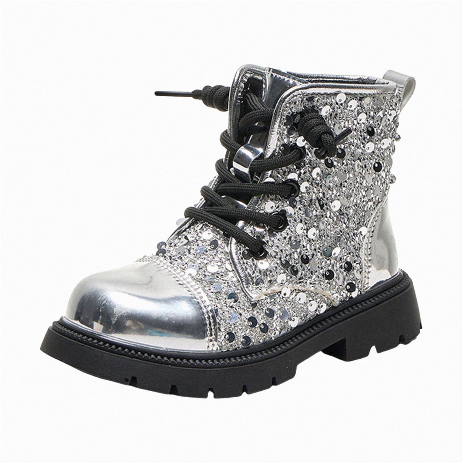 CAICJ98 Girls' Glitter Boots Lace Up Waterproof Combat Shoes With Side ...