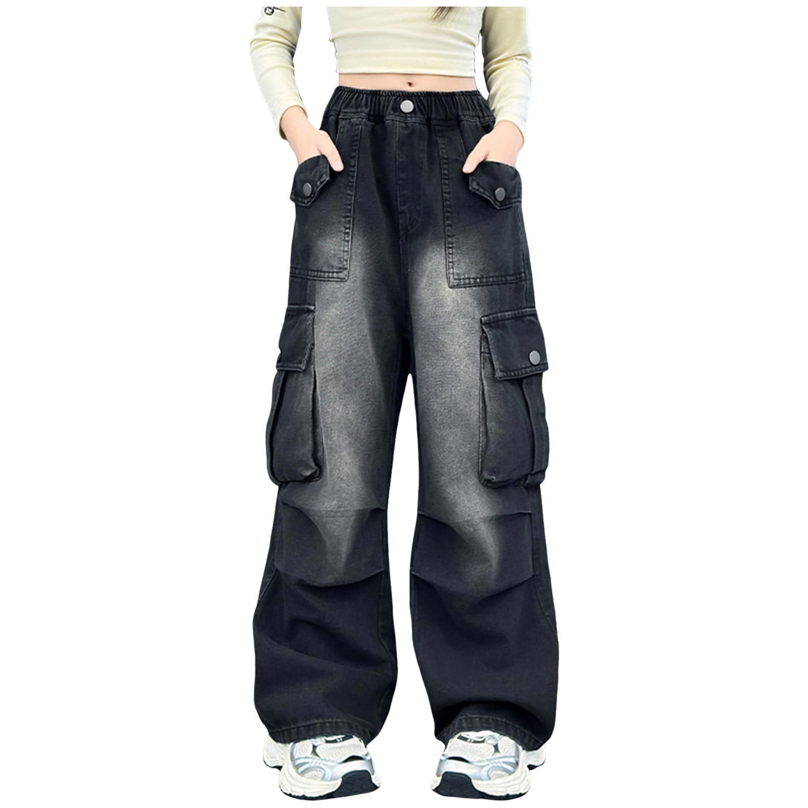 CAICJ98 Girls Jeans Denim Elastic High Waisted Wide Leg Baggy Cargo ...