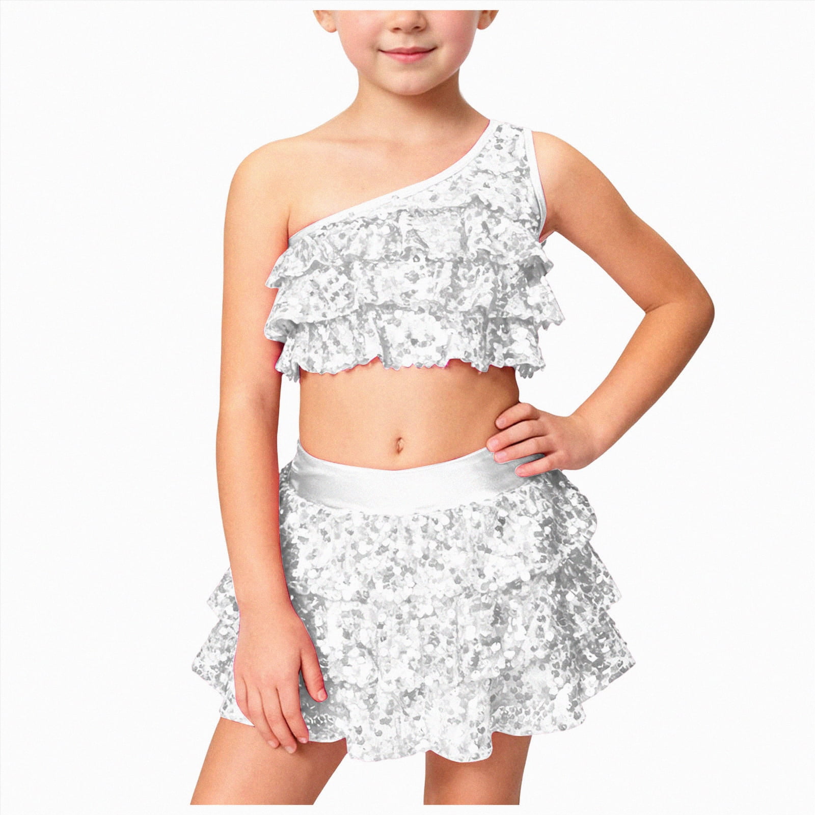 CAICJ98 Girls Kids 2pcs Shiny Metallic One Shoulder Crop Top with Skirt ...