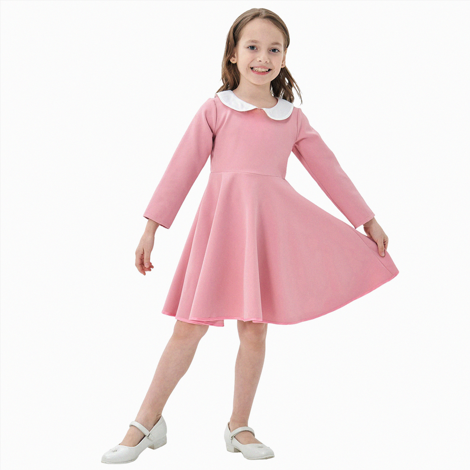 CAICJ98 Girls Long Sleeve Peter Pan Collar Dress Casual Vintage Flare ...