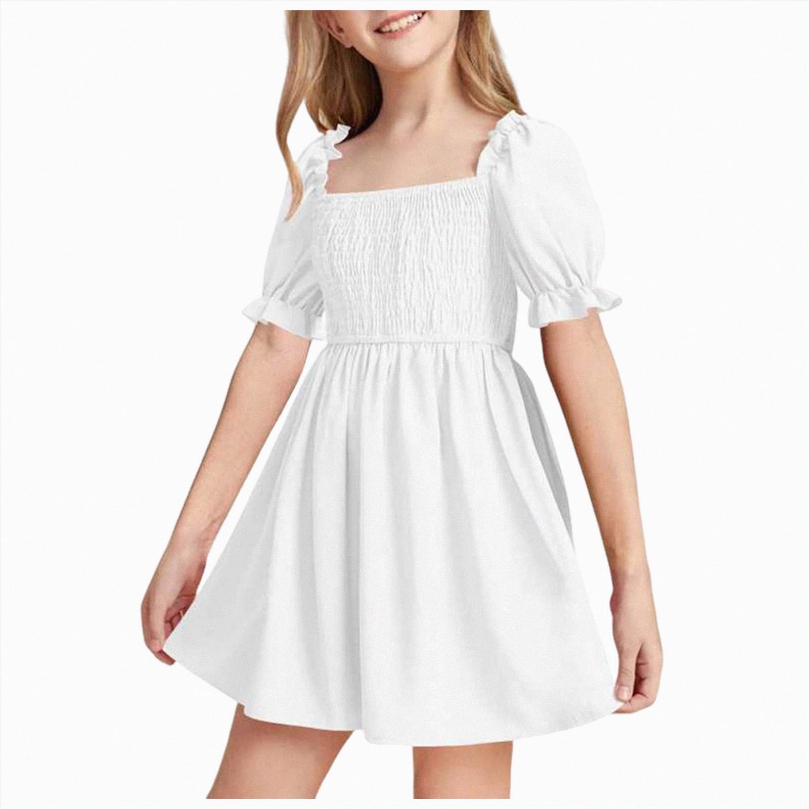 CAICJ98 Girls Ruffle Short Sleeve Smocked Summer Dress Kids Square Neck ...