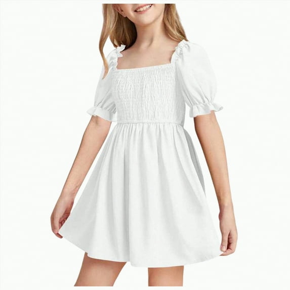 CAICJ98 Girls Ruffle Short Sleeve Smocked Summer Dress Kids Square Neck ...
