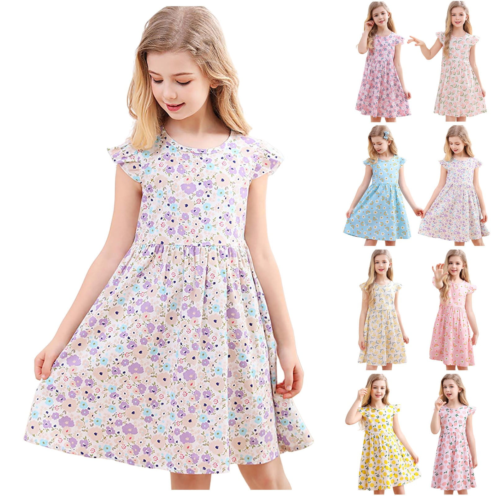 CAICJ98 Girls Ruffle Sleeve Dress Swing A-Line Twirly Skater Dresses ...