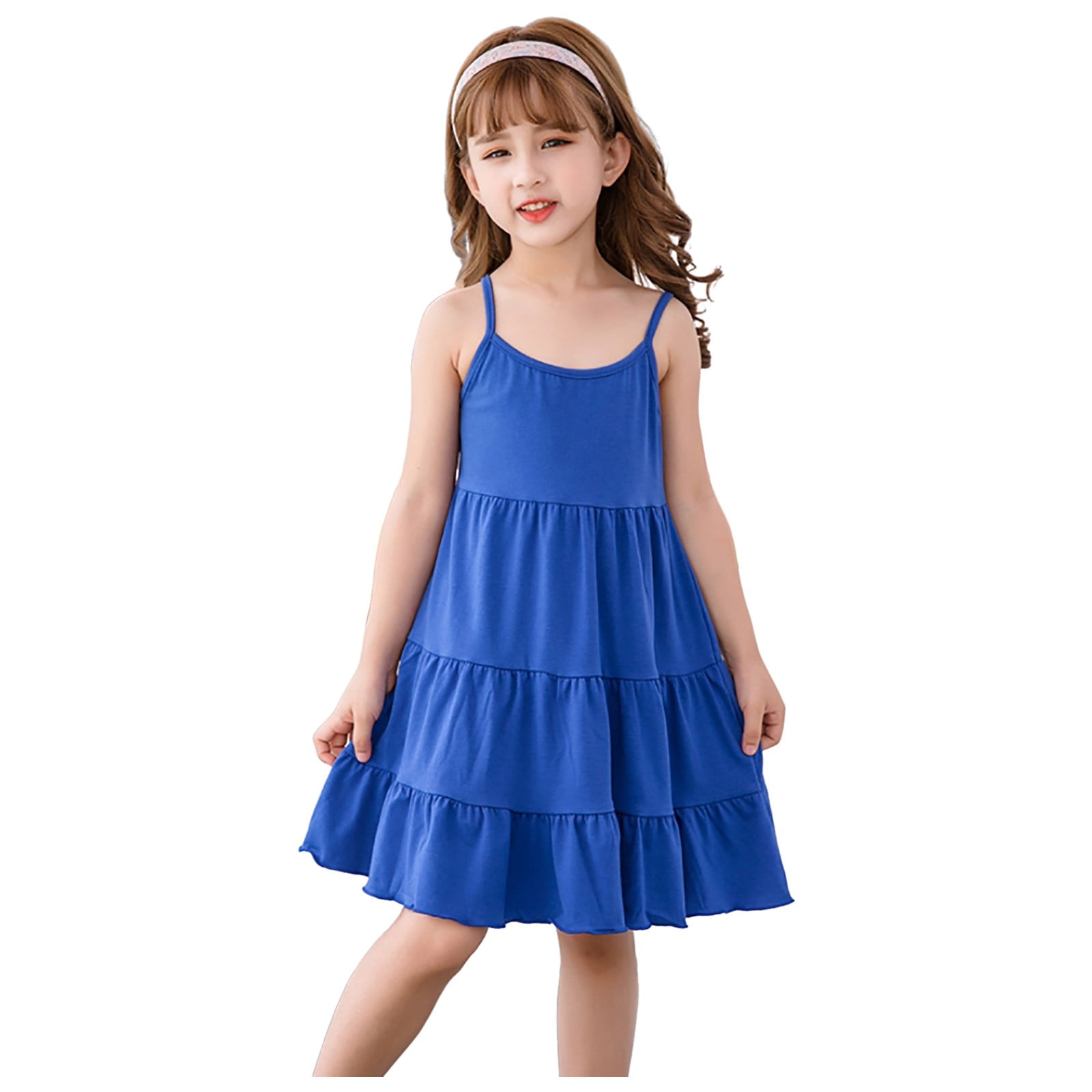 CAICJ98 Girls Summer Sundress Spaghetti Strap Solid Tiered Swing Midi ...