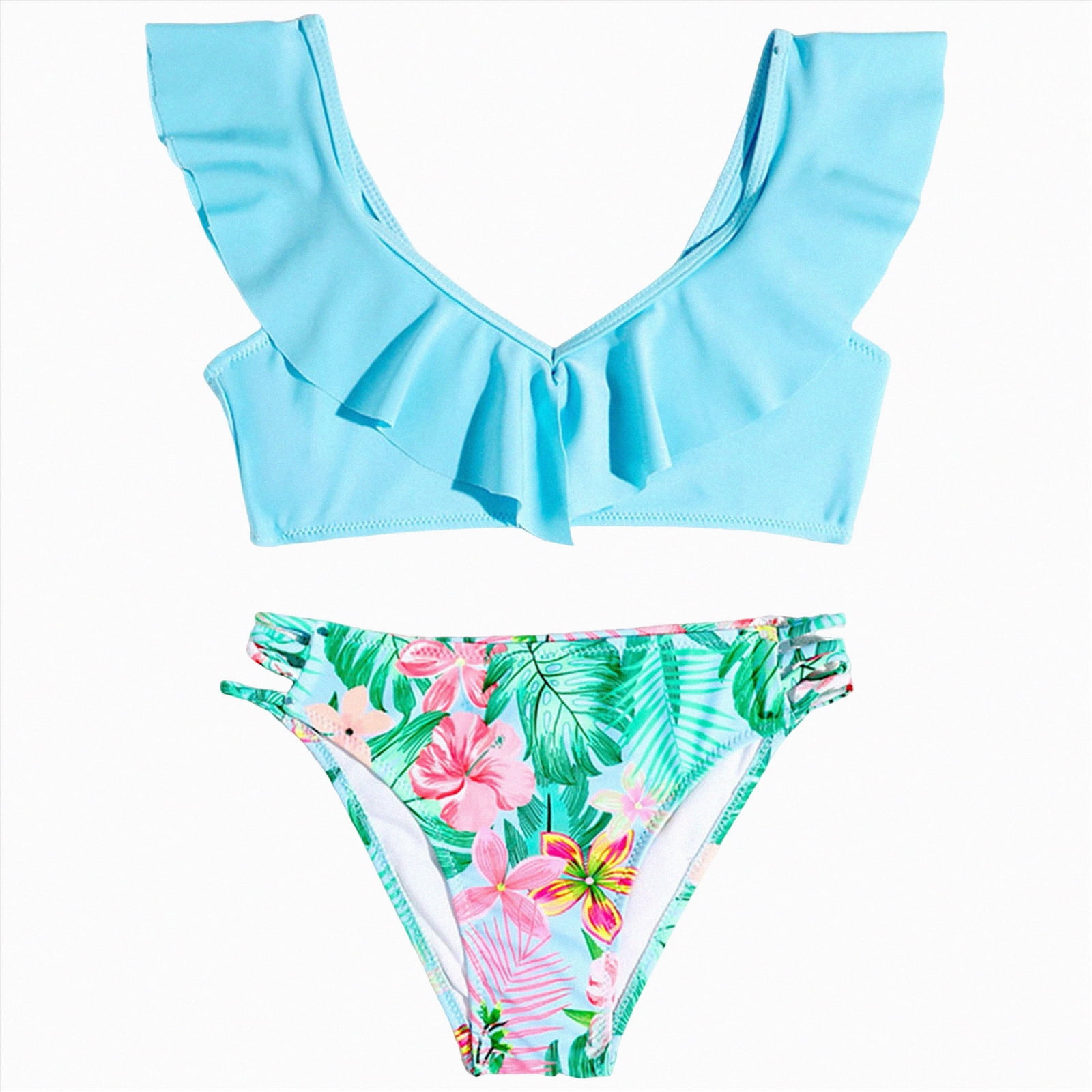 CAICJ98 Girls Swimsuit 2 Piece Bikini Set Tropical Print Ruffle Trim ...