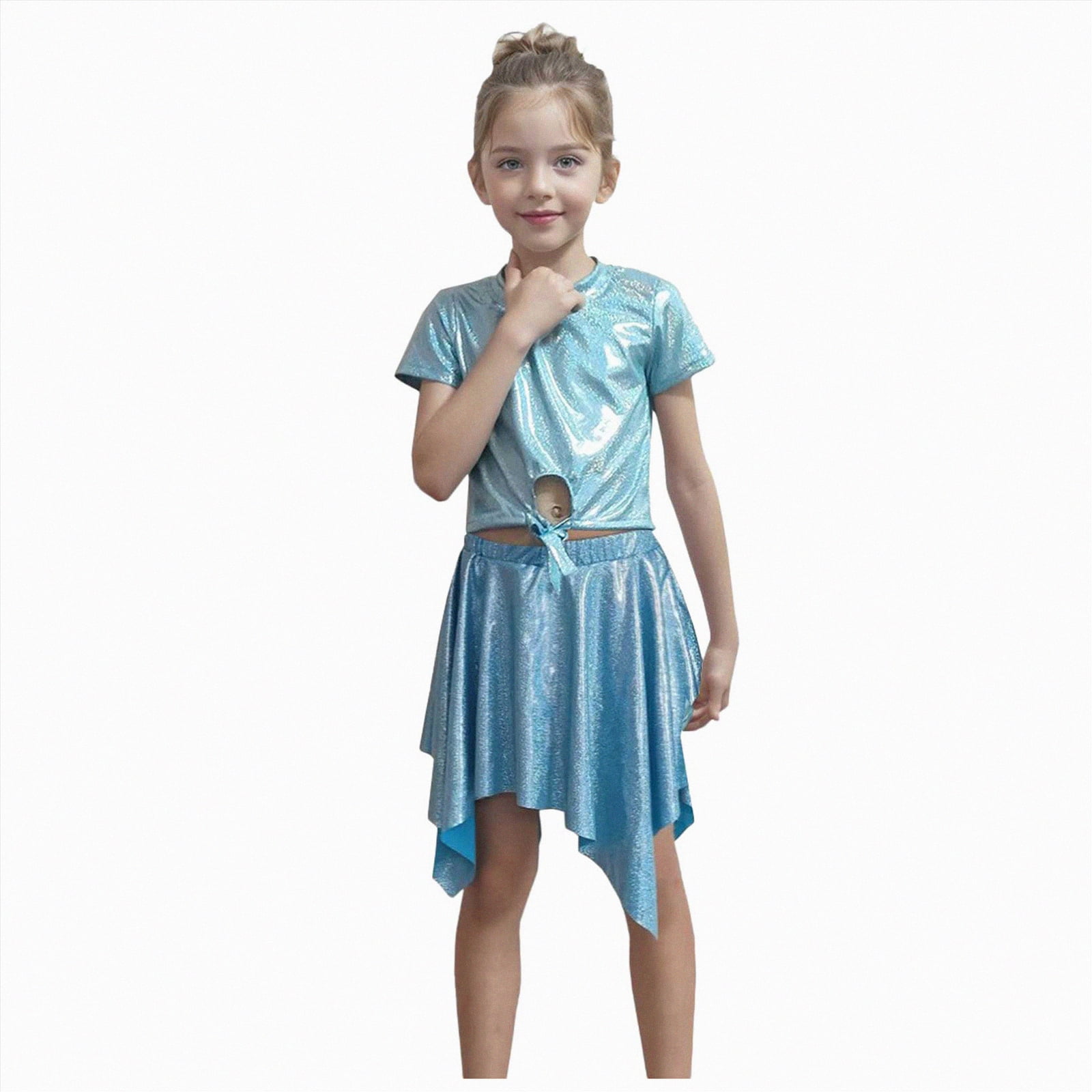 CAICJ98 Kid Girl Shiny Tie Knot Crop Top and Asymmetrical Skirt Set 2 ...