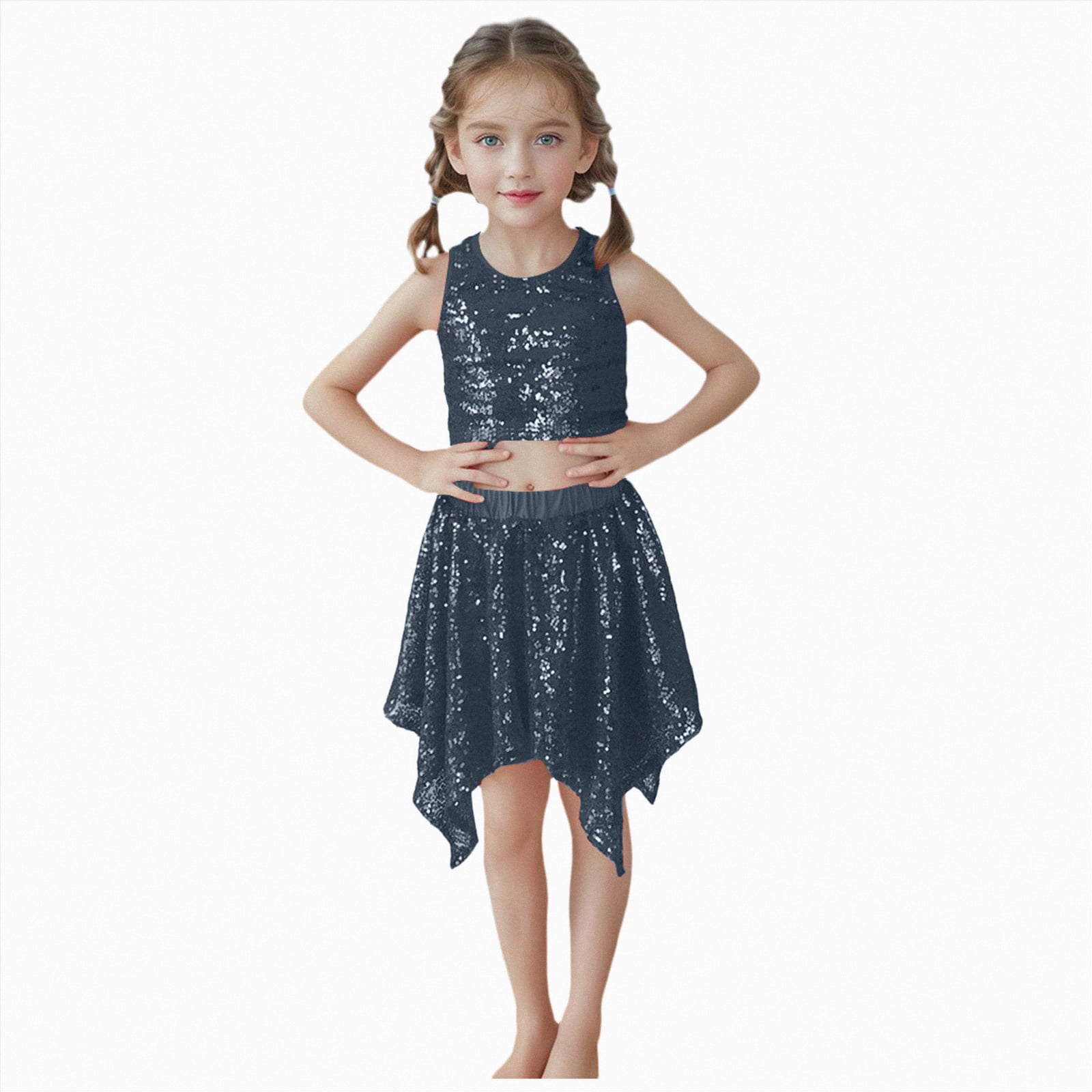 CAICJ98 Kid Girl Shiny Top and Asymmetrical Skirt Set 2 Piece Texture ...