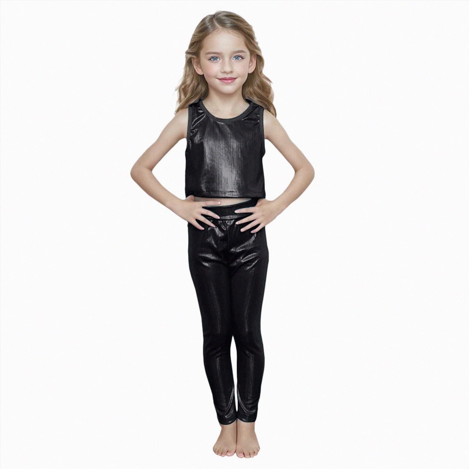 CAICJ98 Kid Girl Shiny Top and Pants Set 2 Piece Texture Ribbed ...