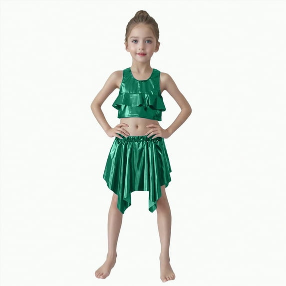 CAICJ98 Kids Girls Dance 2 Piece Outfits Shiny Crop Top and Metallic ...
