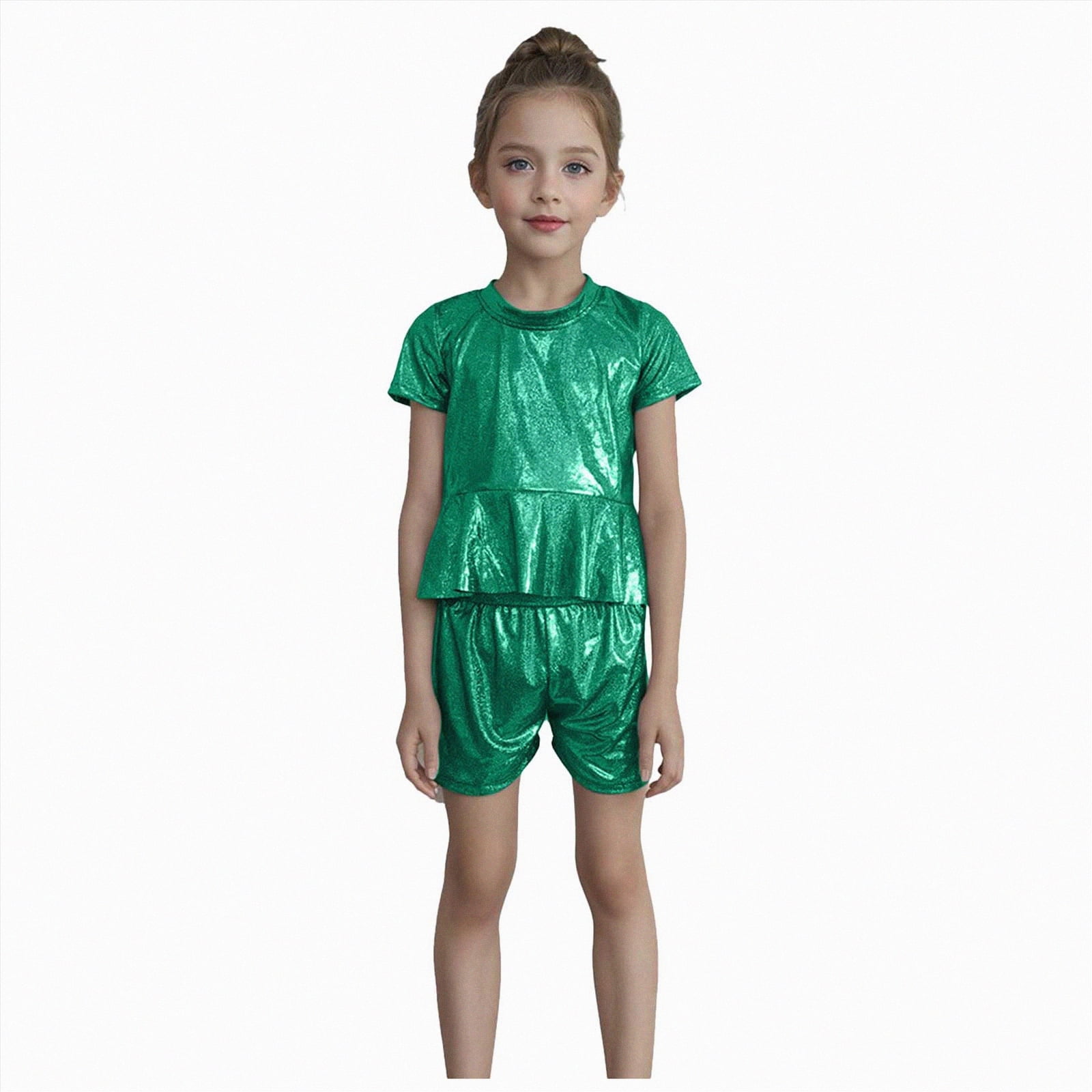 CAICJ98 Kids Girls Dance 2 Piece Outfits Shiny Crop Top and Metallic ...