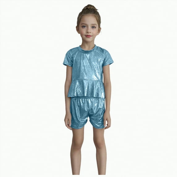 CAICJ98 Kids Girls Dance 2 Piece Outfits Shiny Crop Top and Metallic ...