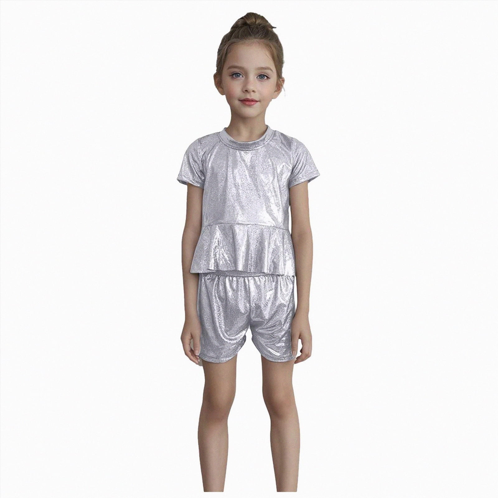 CAICJ98 Kids Girls Dance 2 Piece Outfits Shiny Crop Top and Metallic ...