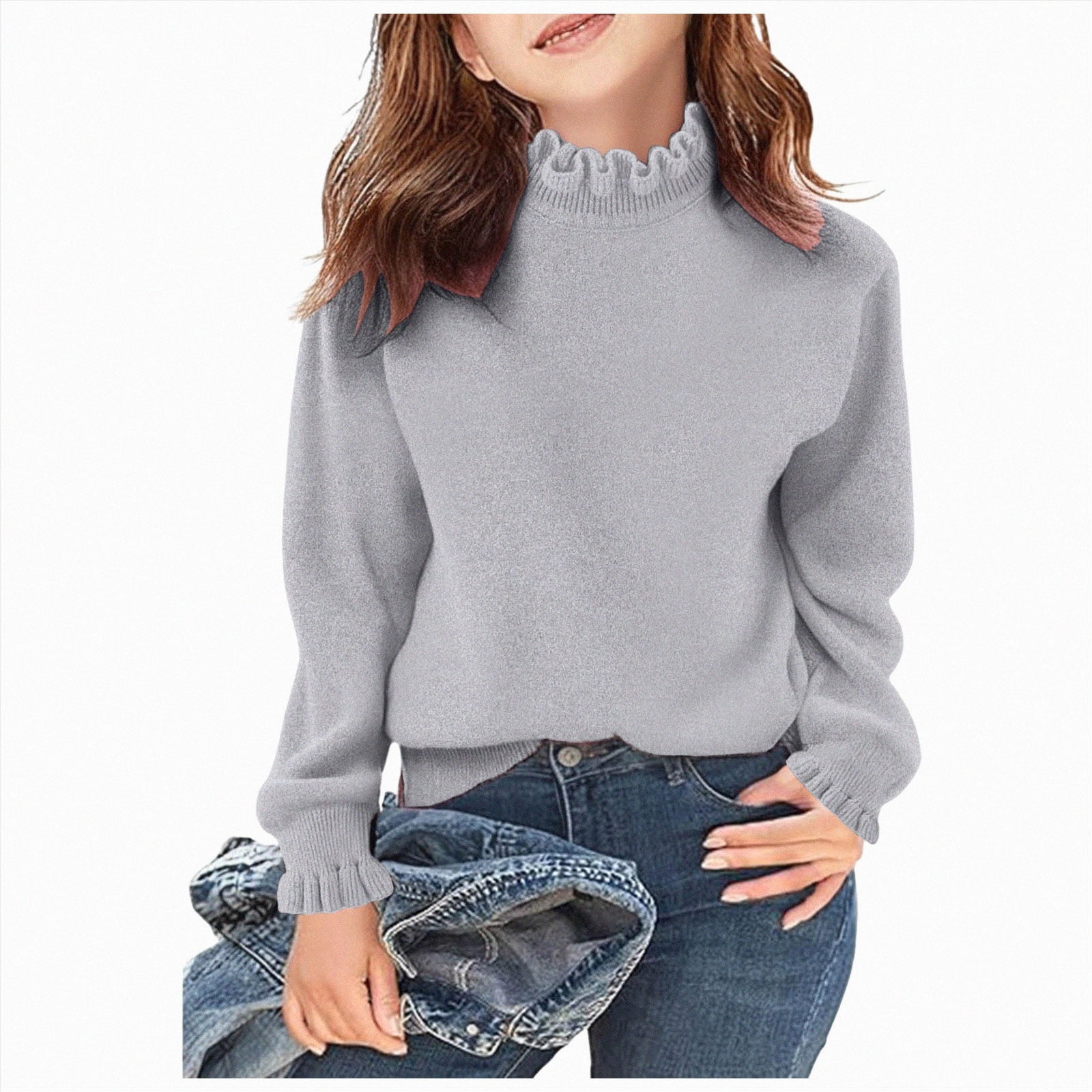 CAICJ98 Mock Turtleneck Sweater for Girls Ribbed Knit Plain Long Sleeve ...