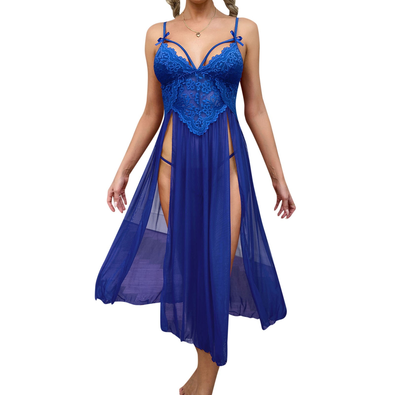 CAICJ98 Nightgowns for Women Large Size Mesh Deep V Lace Pajamas Side ...