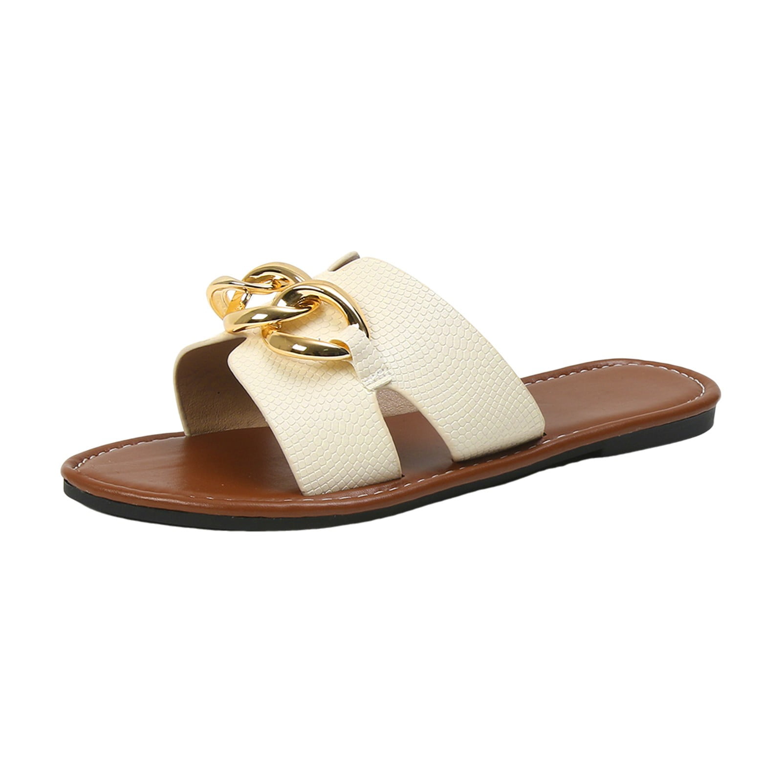CAICJ98 Slide Sandals Women Open Toe Chain Flat Sandals Leather Summer ...