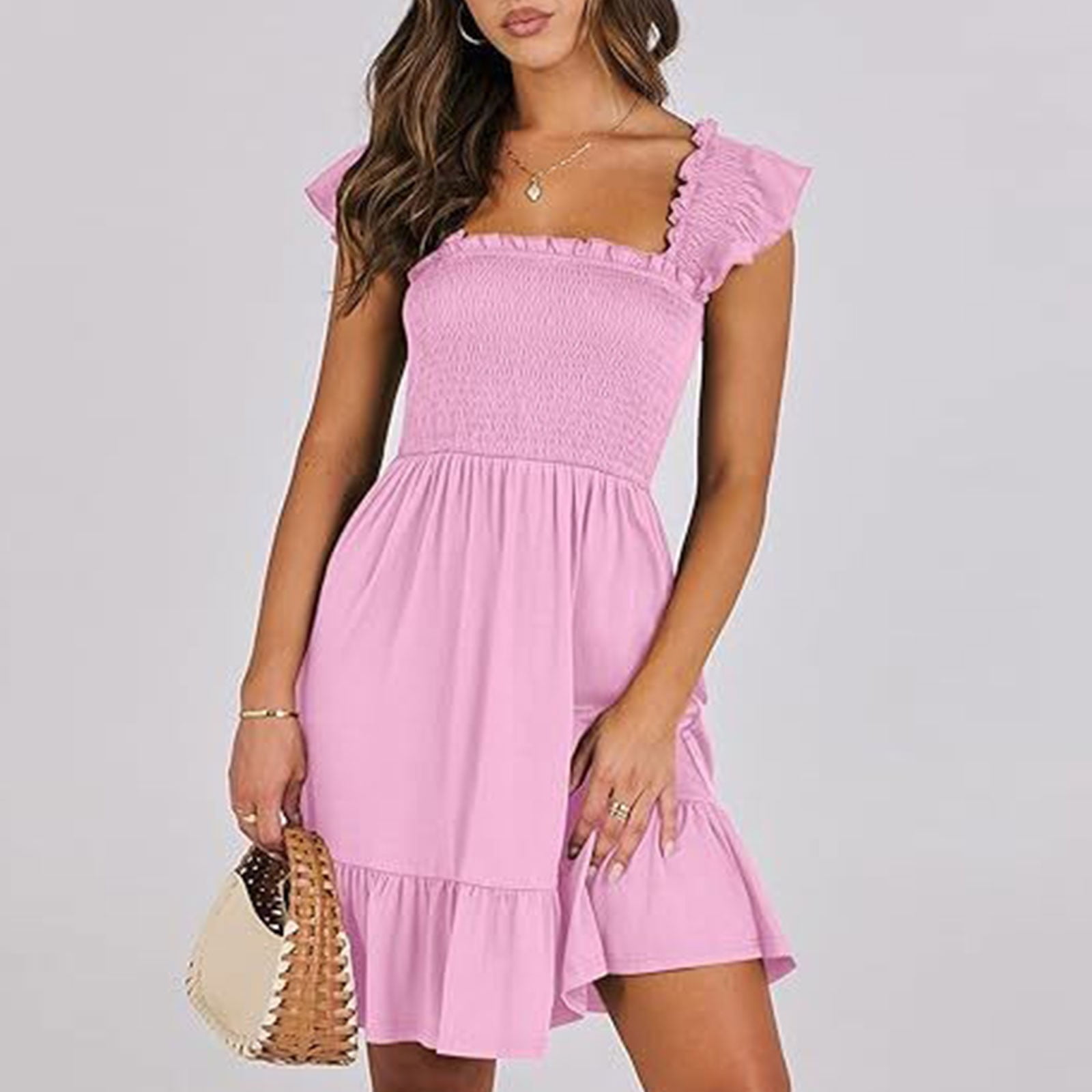 CAICJ98 Womens Summer Dresses Casual Sleeveless Square Neck Smocked ...