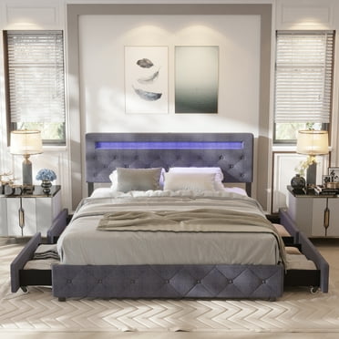 Homfa Full Size LED Bed Frame with Outlets and USB Ports, Modern ...