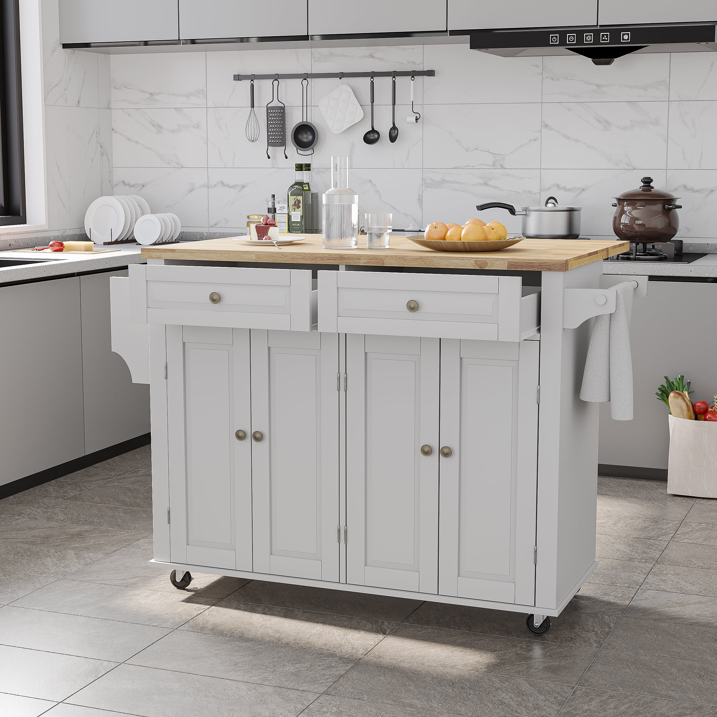 CAIDI Rolling Kitchen Island, Drop Leaf, Rubber Wood Top, Lockable ...