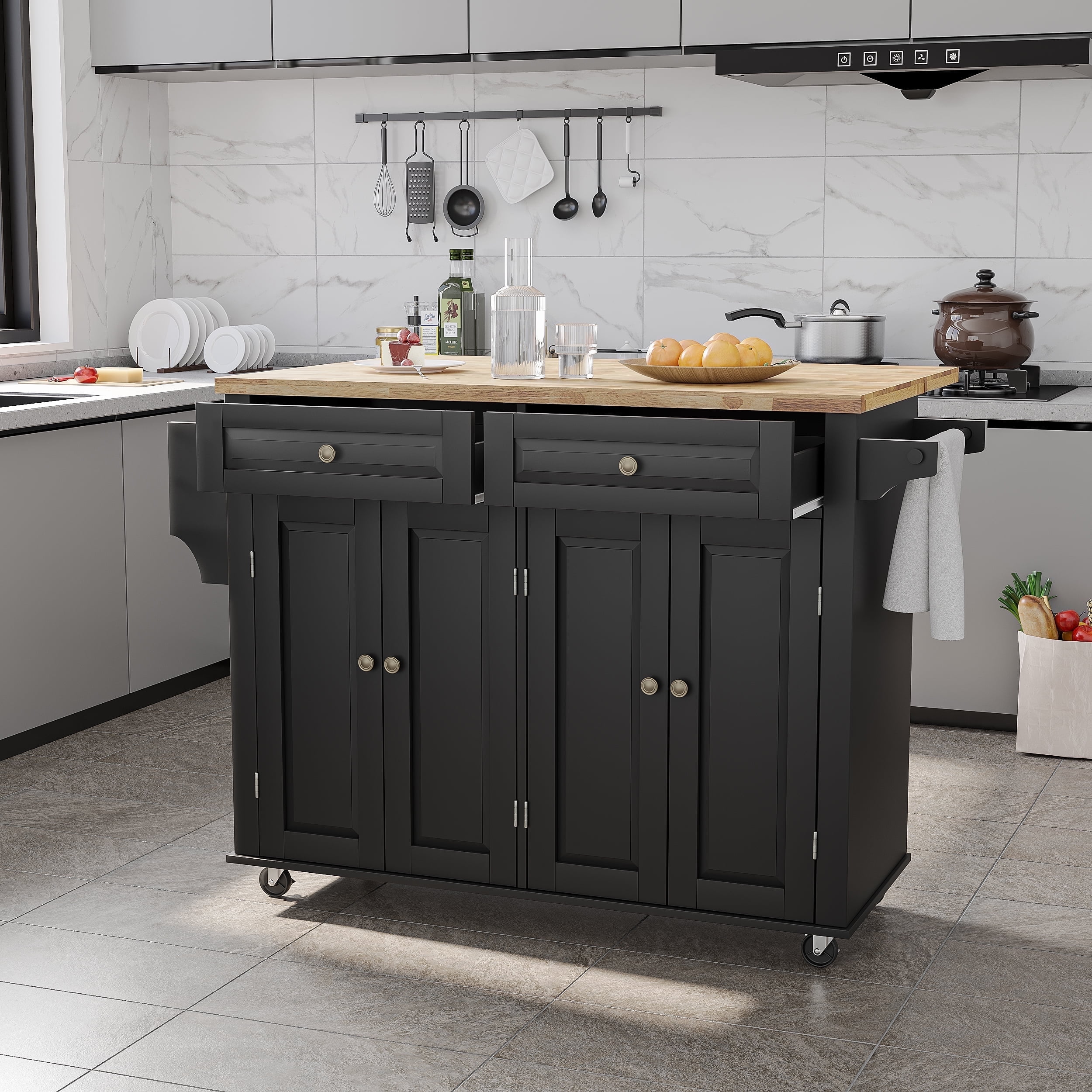 CAIDI Mobile Kitchen Island with Drop Leaf, Rubberwood Countertop ...