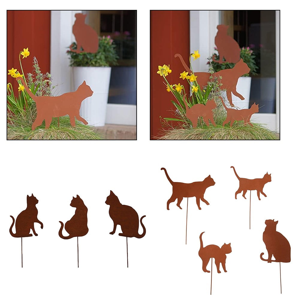 CAIJIEXI 3/4pc Rusty Cats Set Garden Flower Pot Decoration Outdoor Courtyard Plugin Grass Ground ...