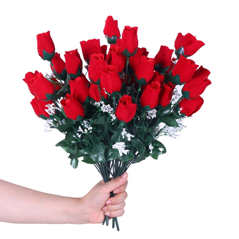 CAIJIEXI Stunning Artificial Silk Flowers 24 Red Rose Buds for a Touch ...
