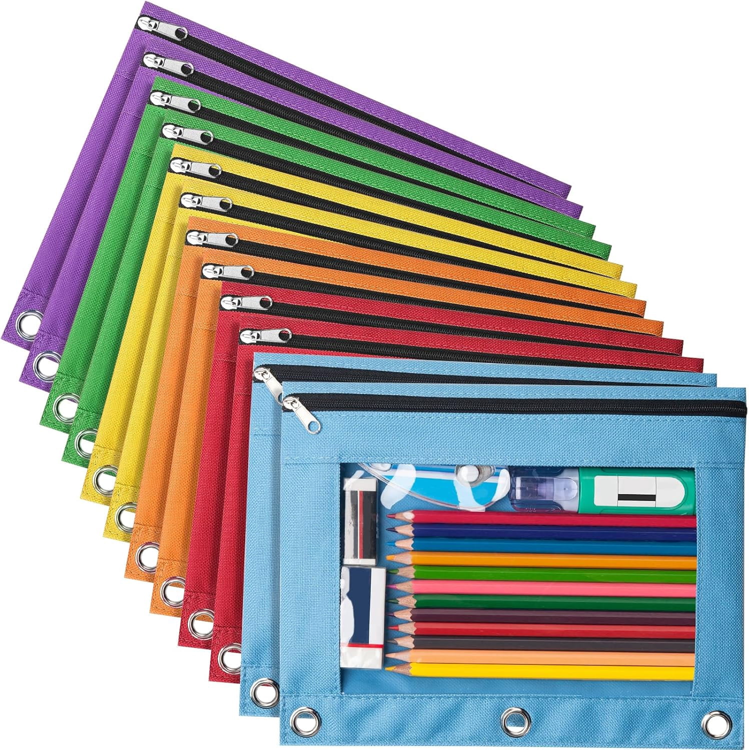 CAILDANL 12 Pack Pencil Pouches for 3 Ring Binder, Smooth Zipper 3 Ring ...