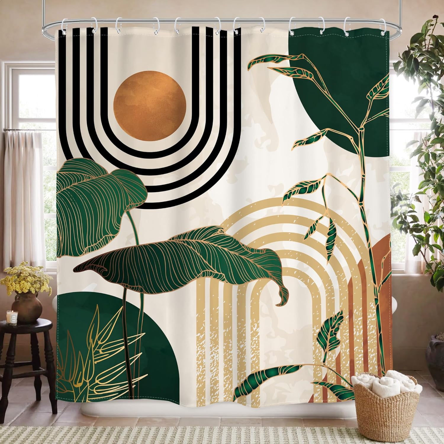 CAILDANL Green Boho Shower Curtain 60Wx72L Inches, Abstract Retro Mid ...