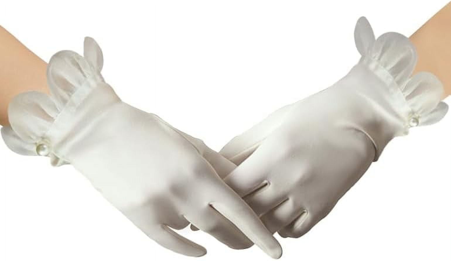 CAILDANL Ivory Short Satin Gloves Ruffle Floral Lace with Pearls Opera ...