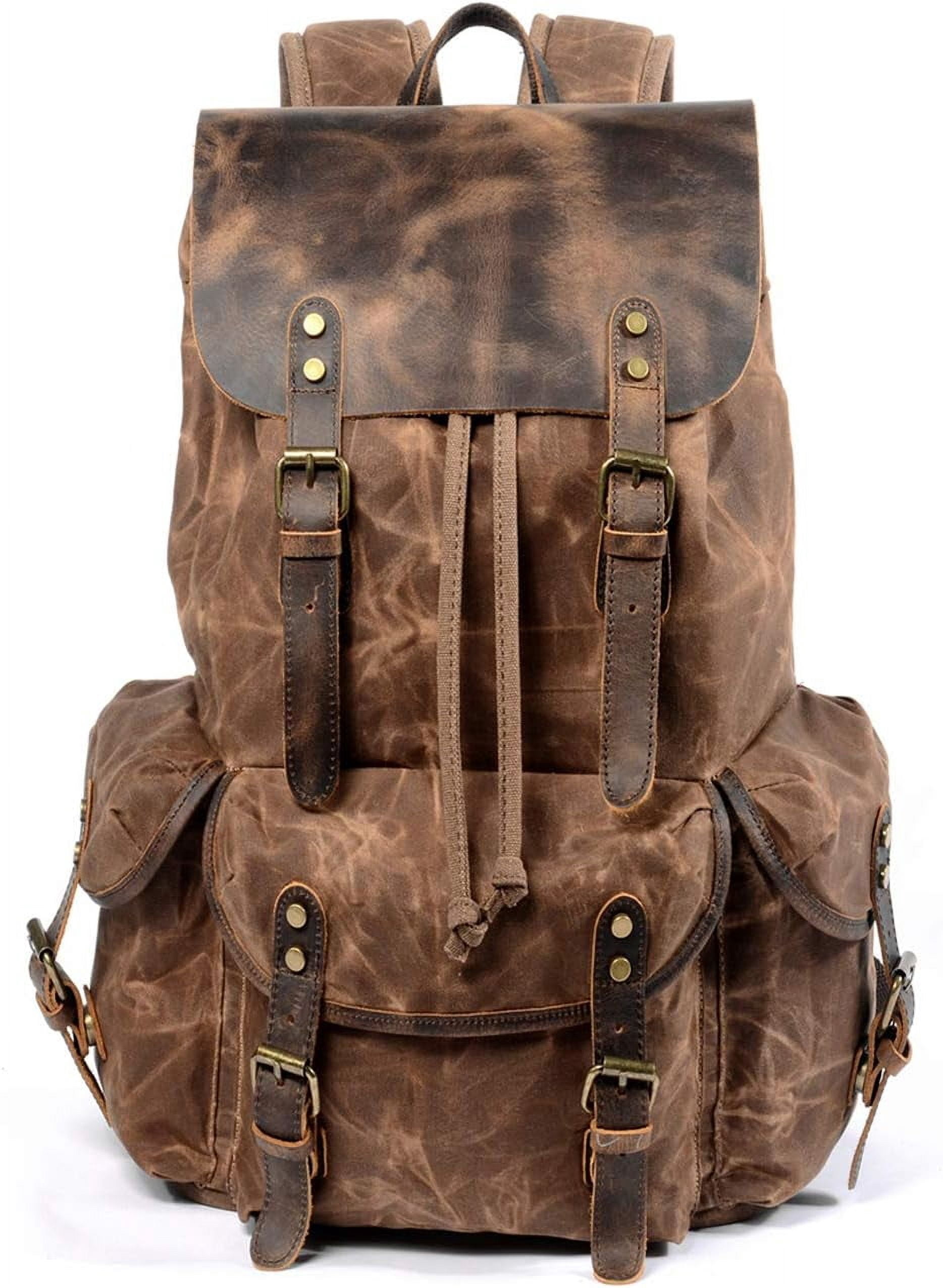 CAILDANL Leather Backpack for Men, Waxed Canvas Shoulder Rucksack Carry ...
