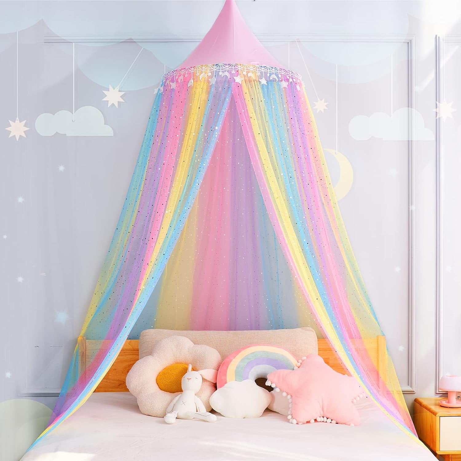 CAILDANL Rainbow Bed Canopy for Girls,Shiny Kids Princess Round Dome ...